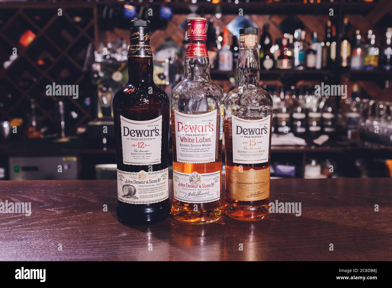 Ufa, Russia, 3 January, 2020: Bottle of Dewars, a brand of whisky owned ...