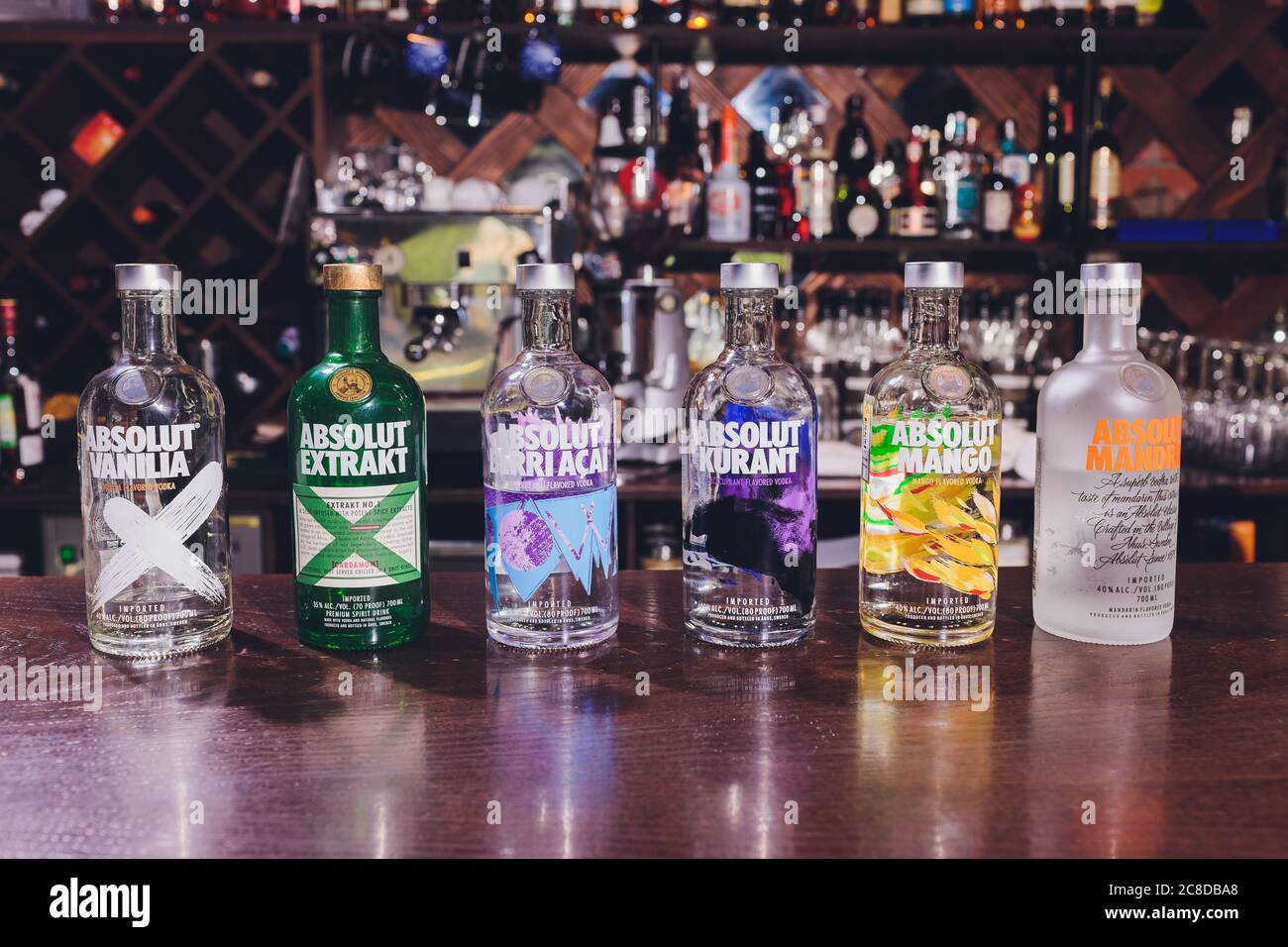 Ufa, Russia, 3 January, 2020: Vodka selection at a bar including seven ...