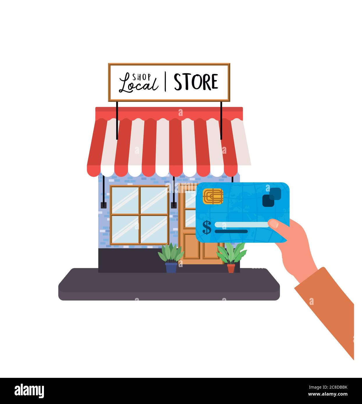 hand holding credit card in front of local store design of shop retail ...