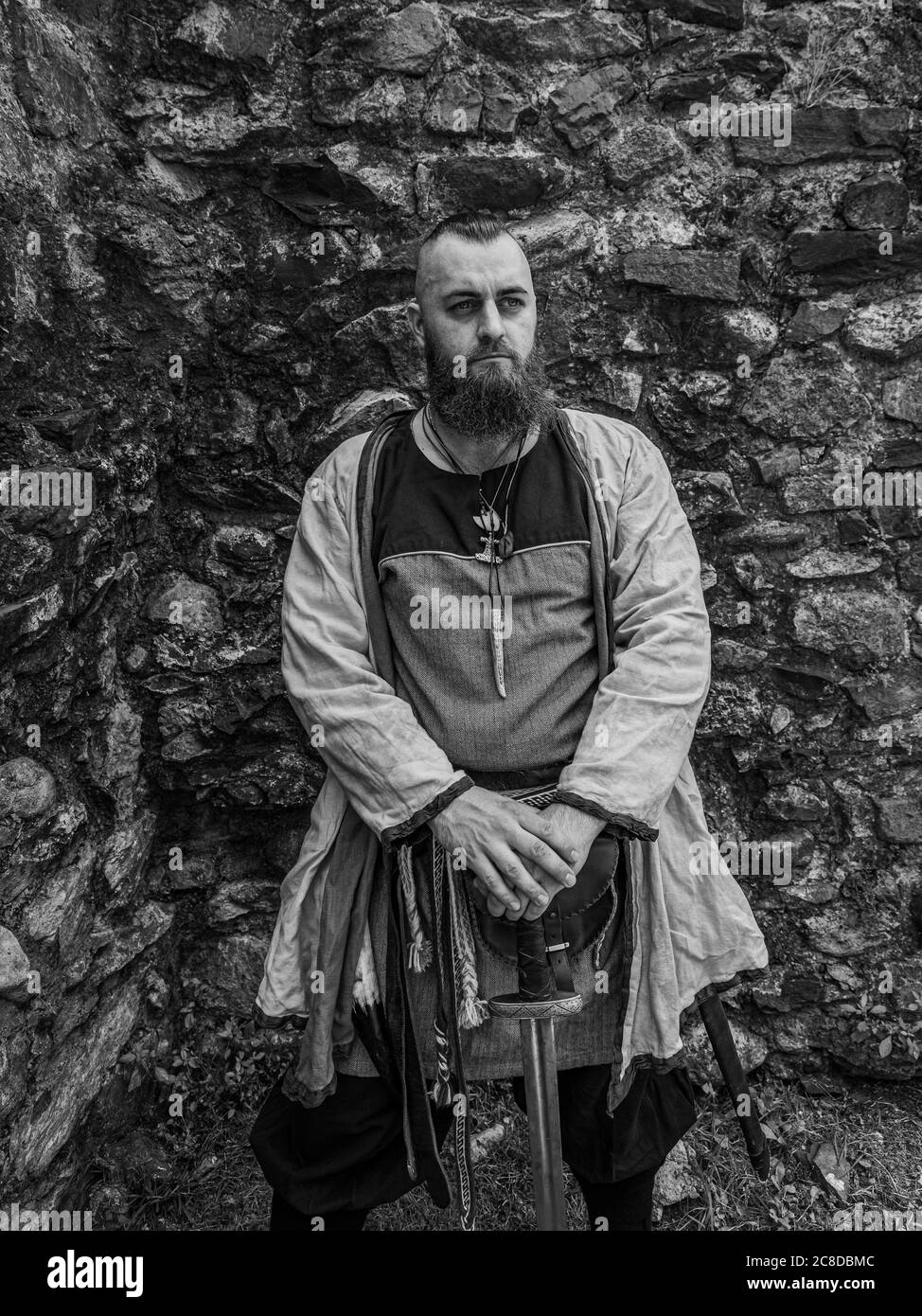Viking warrior portrait with thick beard in front of a stone wall ...