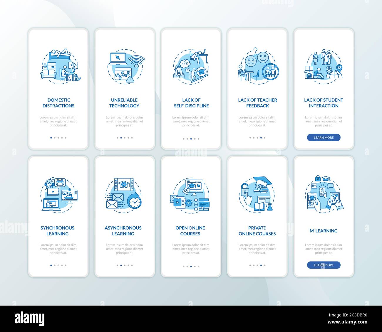 Distance learning cons and types onboarding mobile app page screen with concepts set. M learning ...