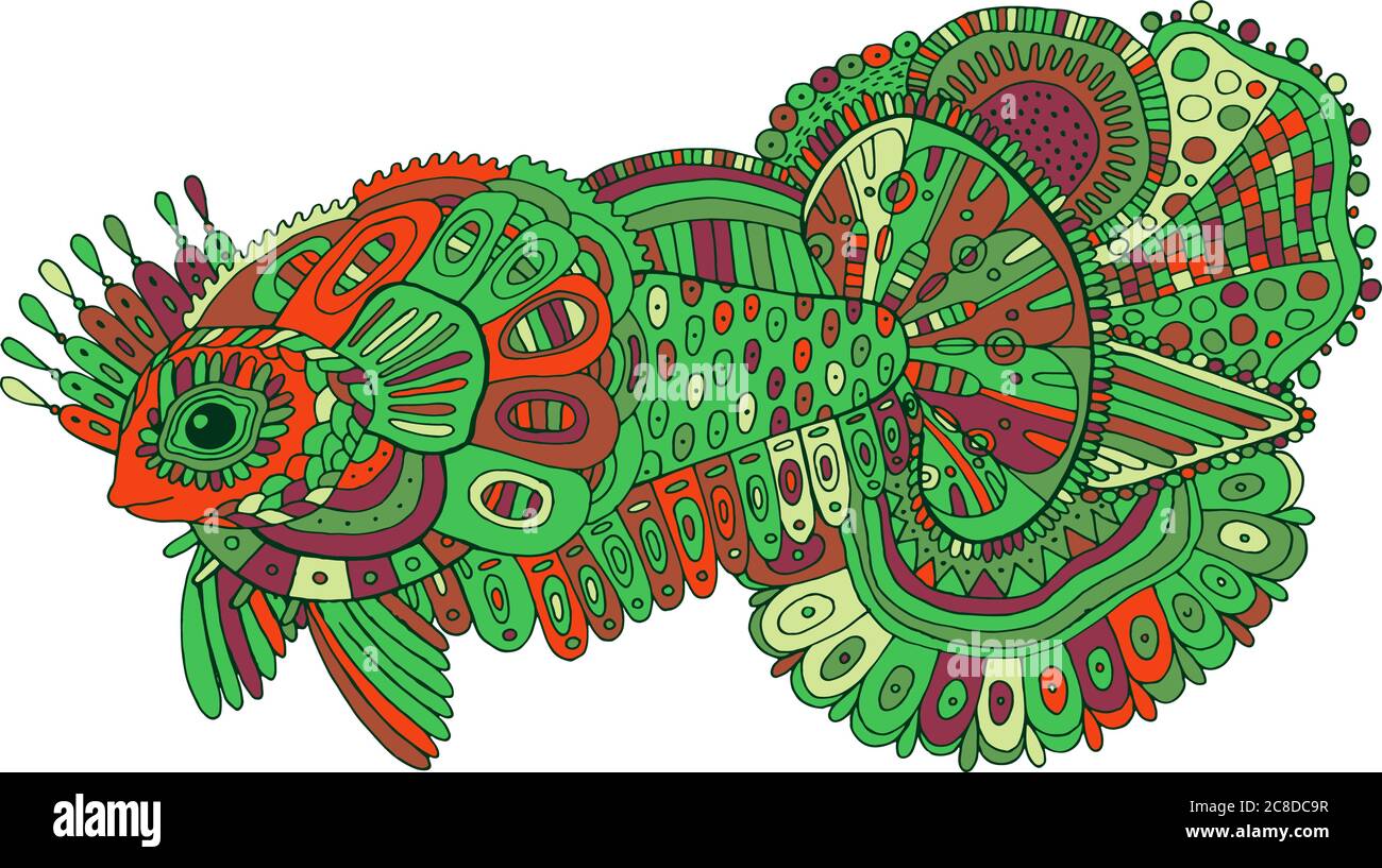 Doodle surreal fish. Cartoon hand drawn colorful artwork. Color line ...