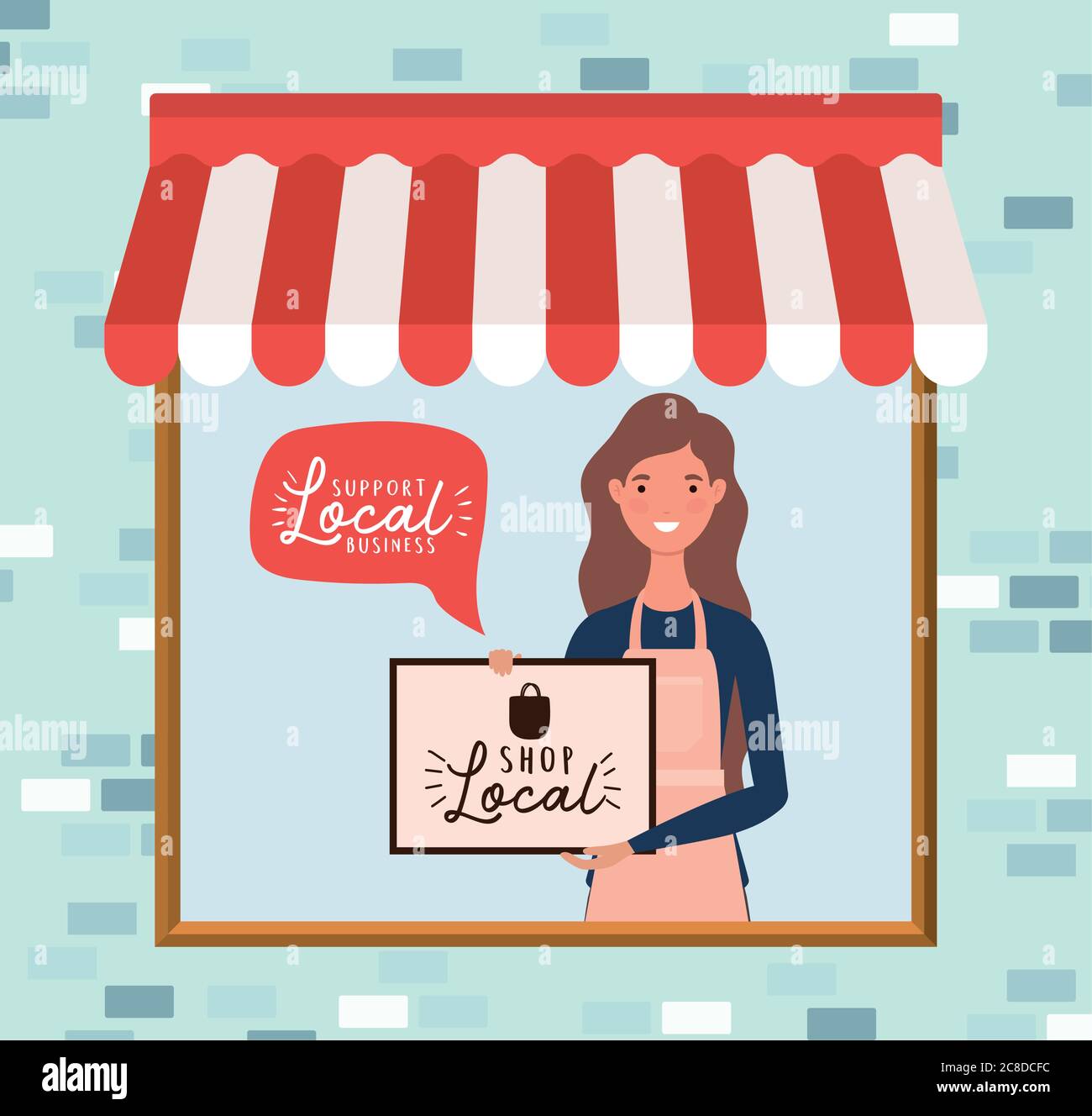 Woman cartoon with shop local banner in store design of retail buy and ...