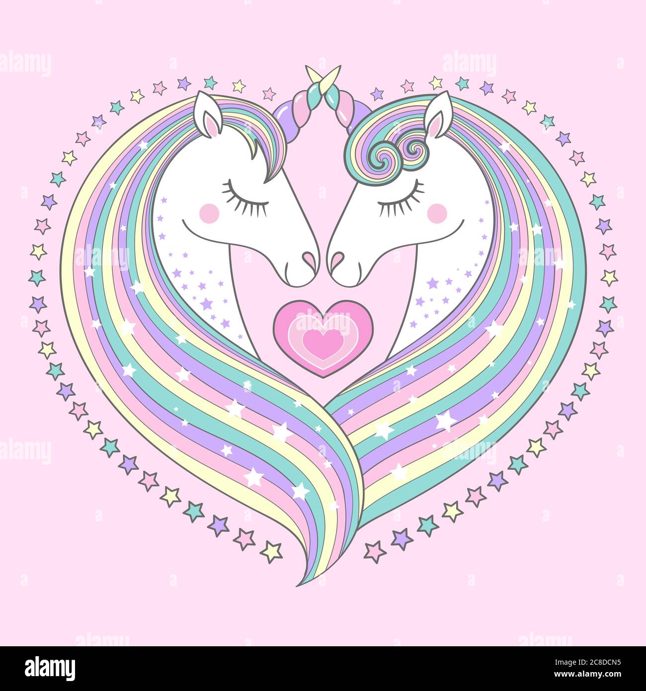 Beautiful couple of unicorns in love. Heart shaped composition. Pastel ...