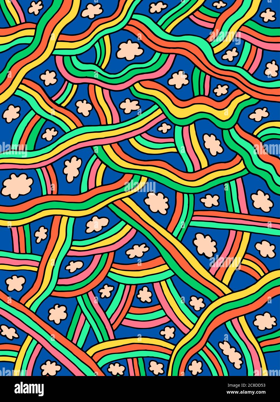 Cute doodle texture with clouds and rainbows. Cartoon colorful artwork ...