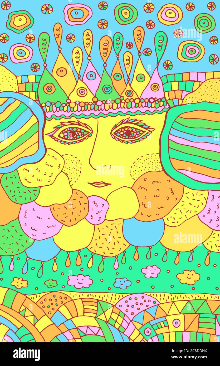 Colorful and bright cartoon artwork - fairy tale sun and clouds. Doodle ...