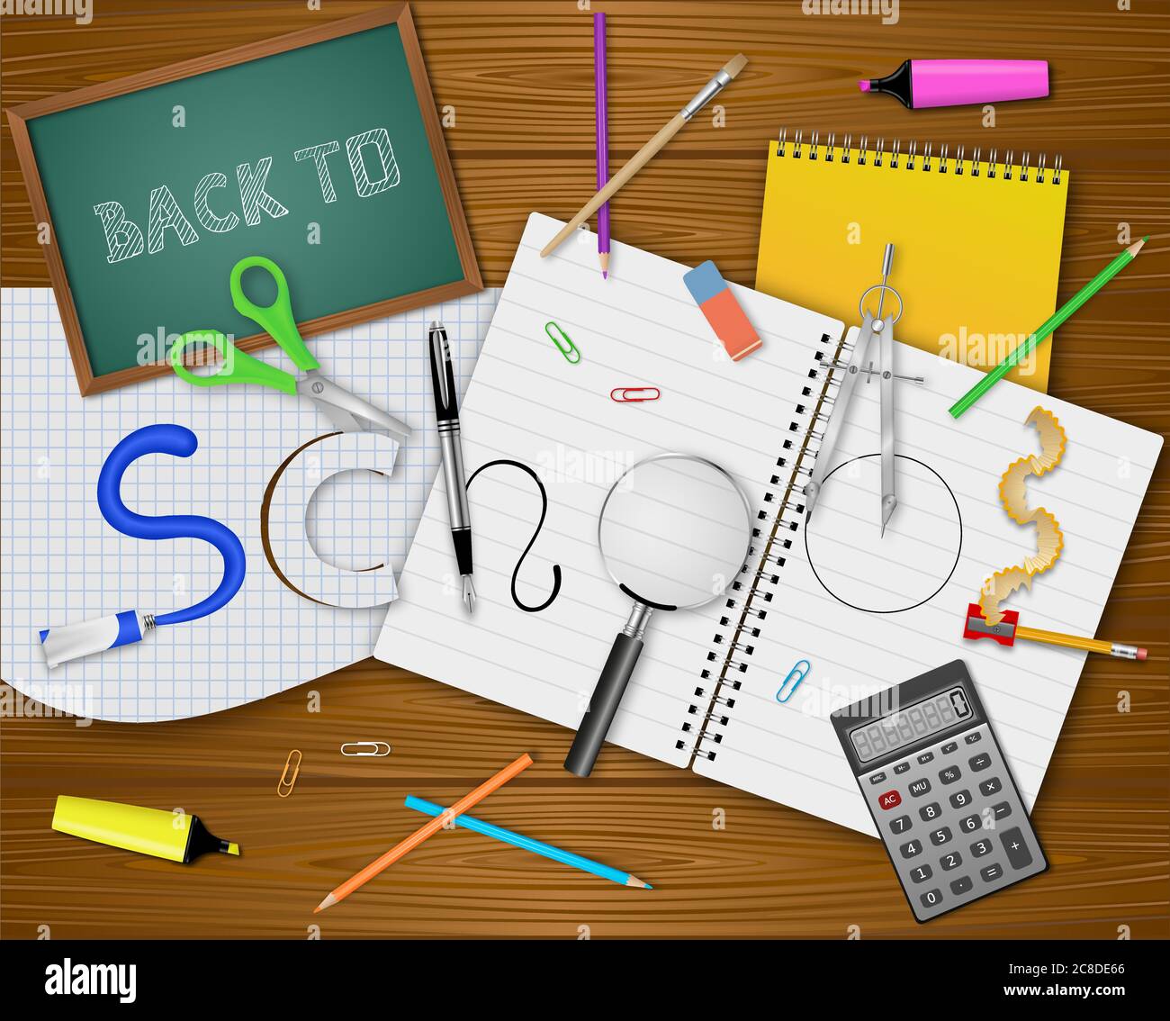 Back to school background with realisctic school supplies Stock Photo ...