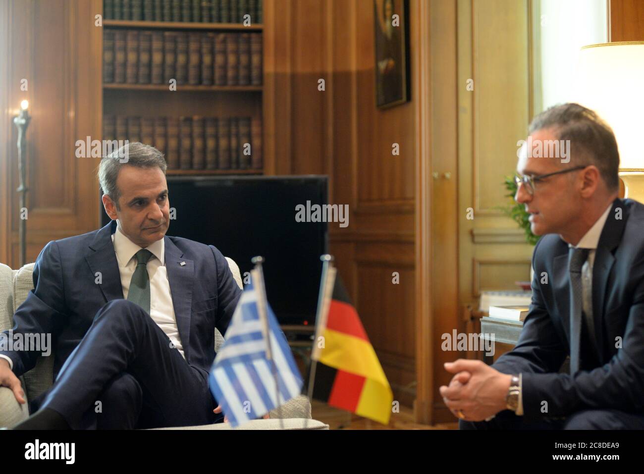 Athens, Greece. 21st July, 2020. Greek Prime Minister Kyriakos Mitsotakis (left) and Minister of ...