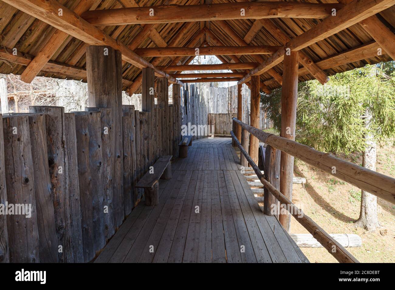 Wooden fort, modern built as attraction. Inner passage Stock Photo - Alamy