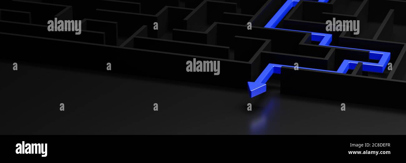 3d rendering: Concept - solving a complex problem. Black maze and floor ...