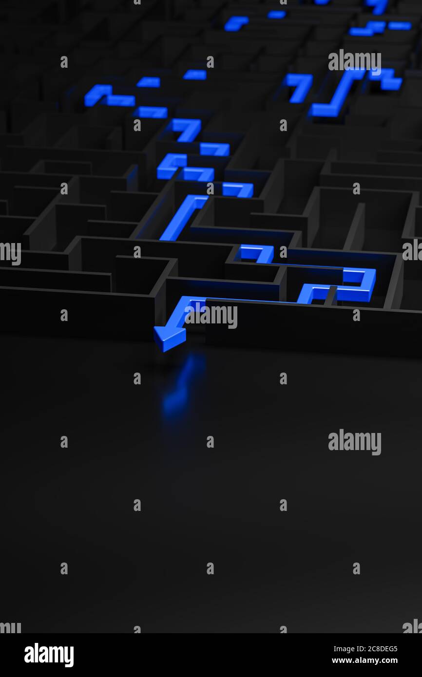 3d rendering: Concept - solving a complex problem. Black maze and floor ...