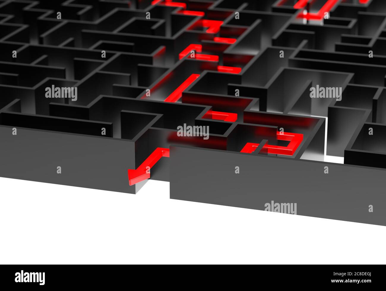 3d render: Concept - solving a complex problem. Black maze with red ...
