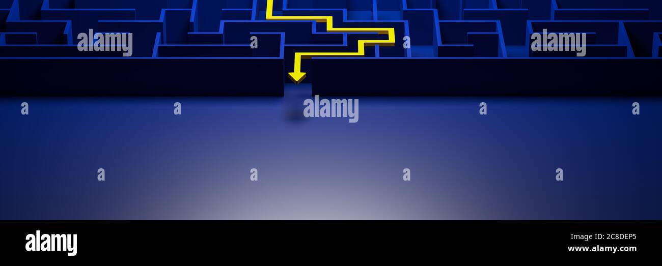 3d rendering: Concept - solving a complex problem. Blue maze and floor ...