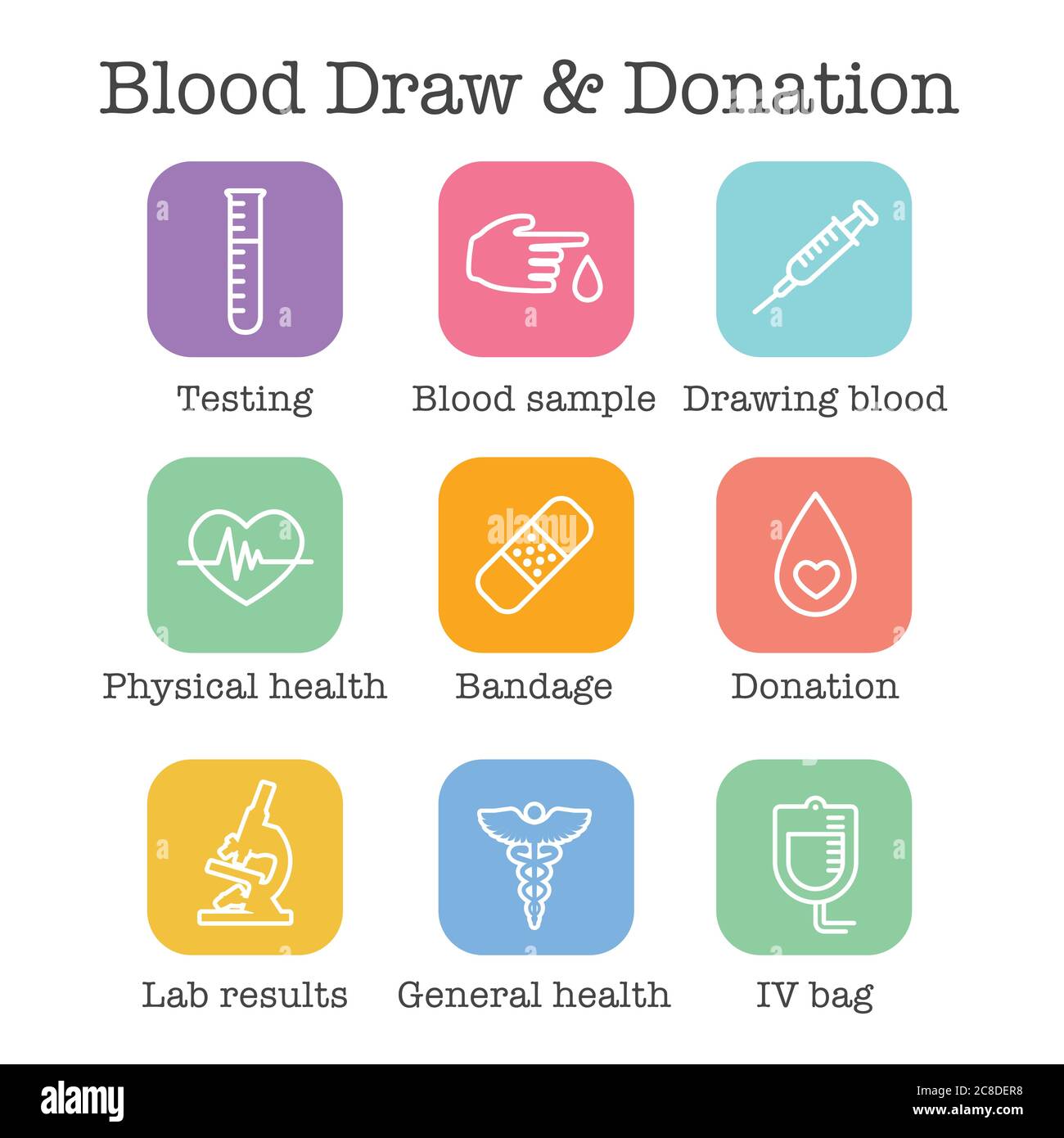 Blood testing & work icon set with syringe, donation, and blood sample ...