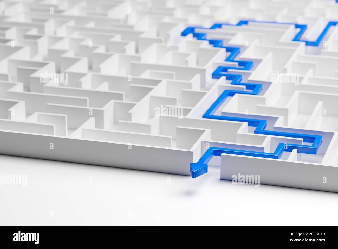 3d rendering: Concept - solving a complex problem. White maze with blue ...