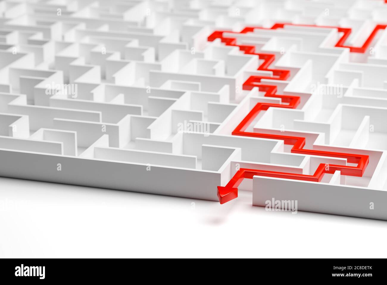 3d render: Concept - solving a complex problem. White maze with red ...
