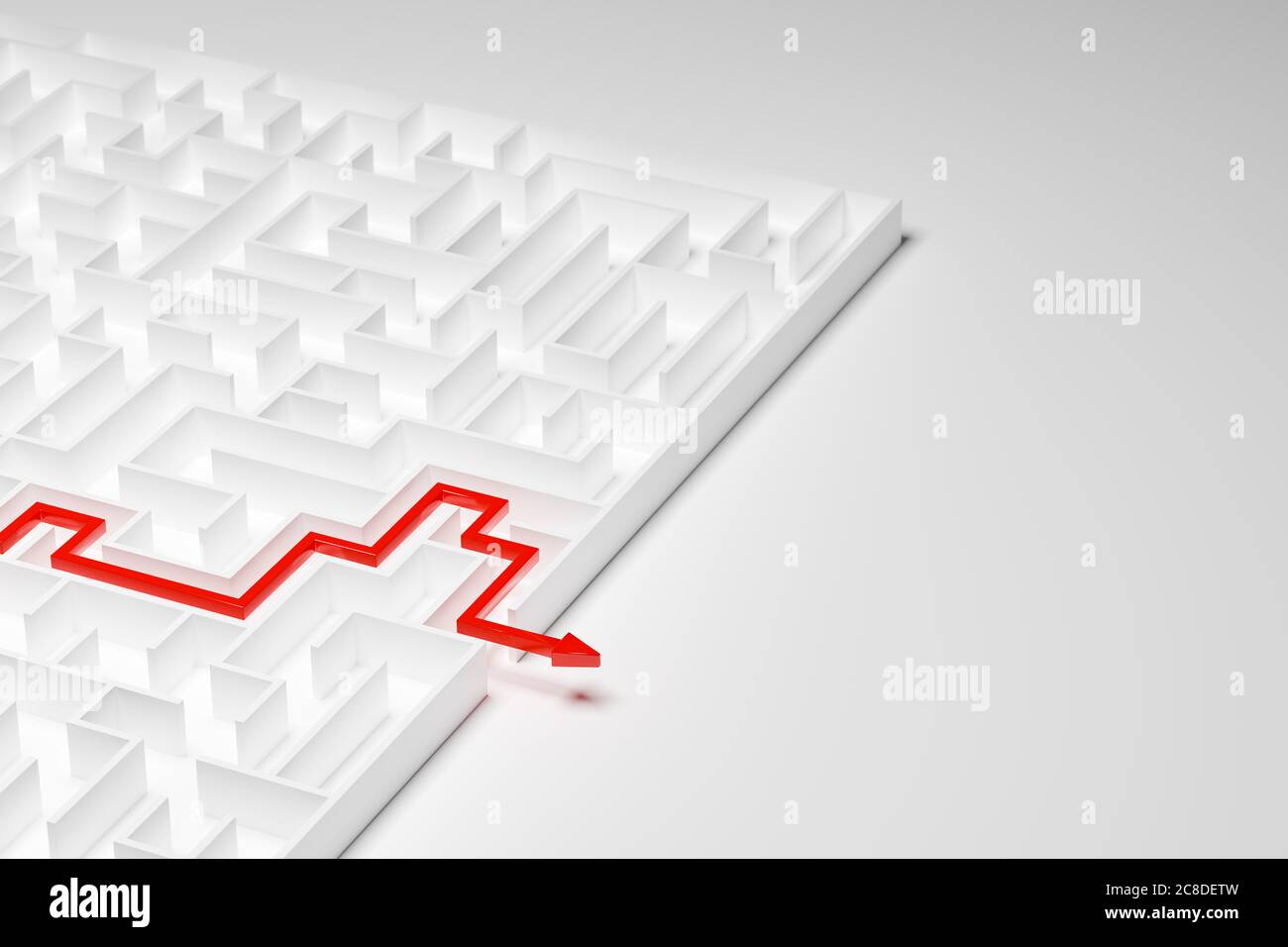 3d render: Concept - solving a complex problem. White maze with red ...