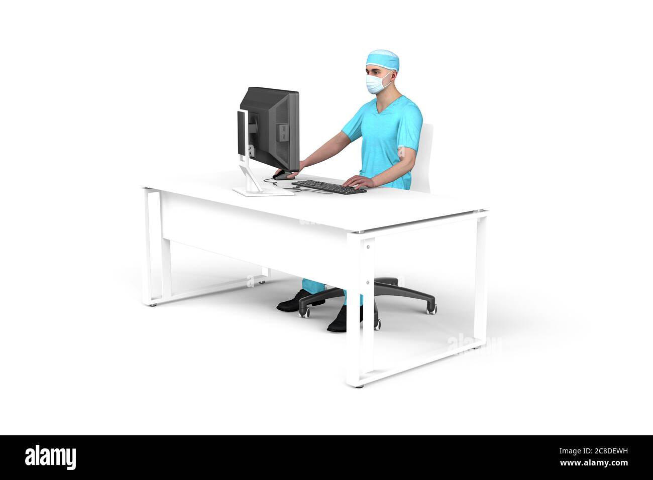 A surgeon doctor wearing a protective mask sits at a desk and works on ...