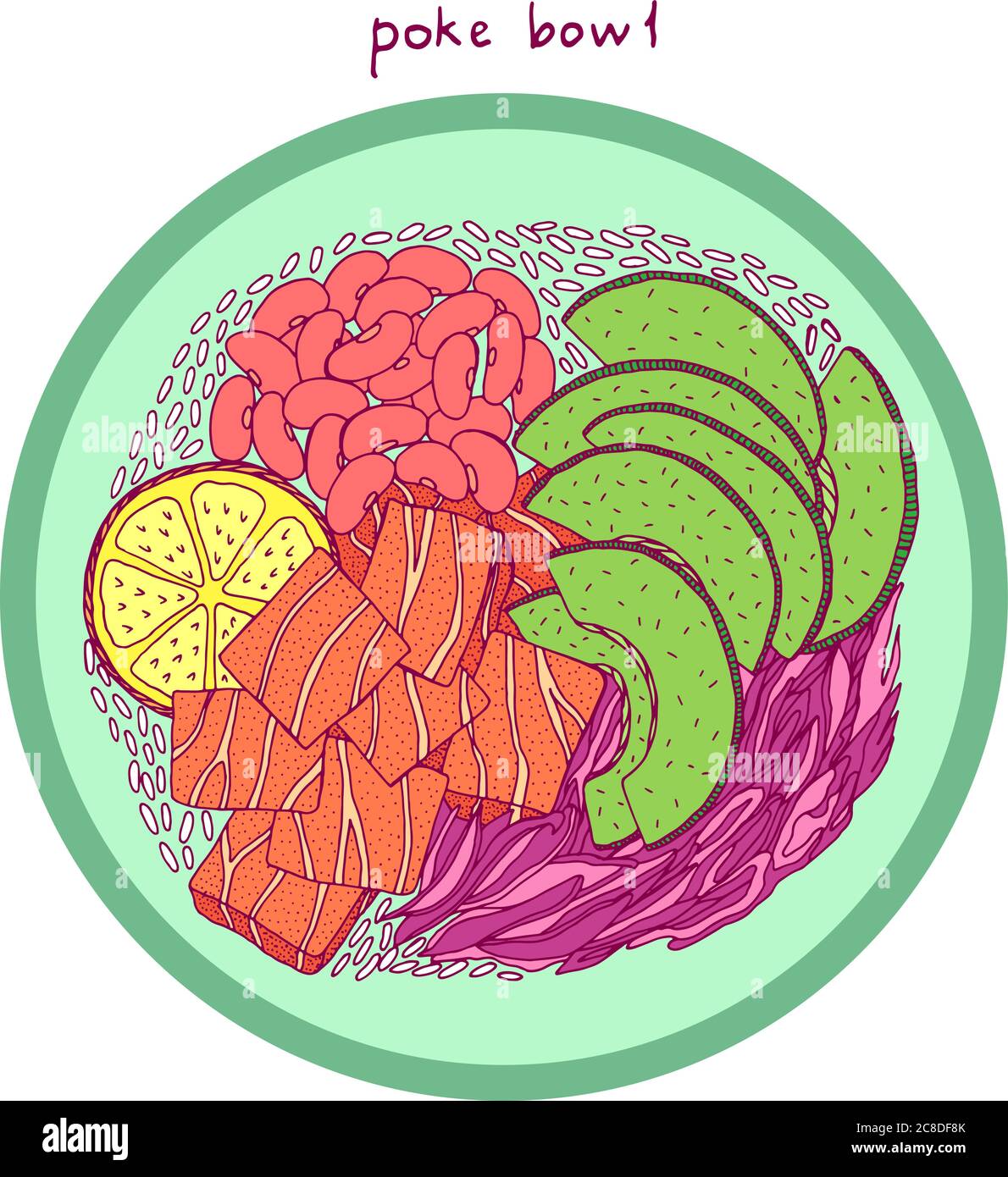 Poke bowl. Asian food illustration. Bright colorful realistic sketch ...