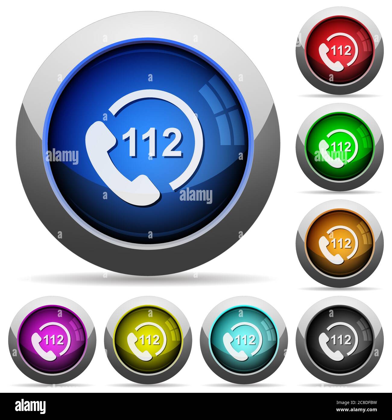 Emergency call 112 icons in round glossy buttons with steel frames in ...
