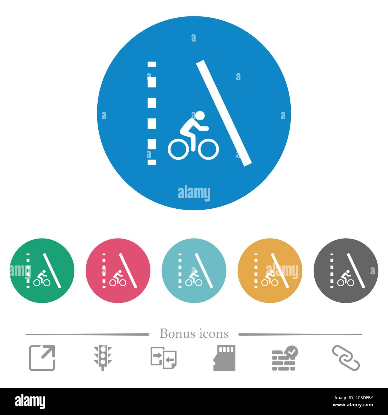 Bicycle lane flat white icons on round color backgrounds. 6 bonus icons ...