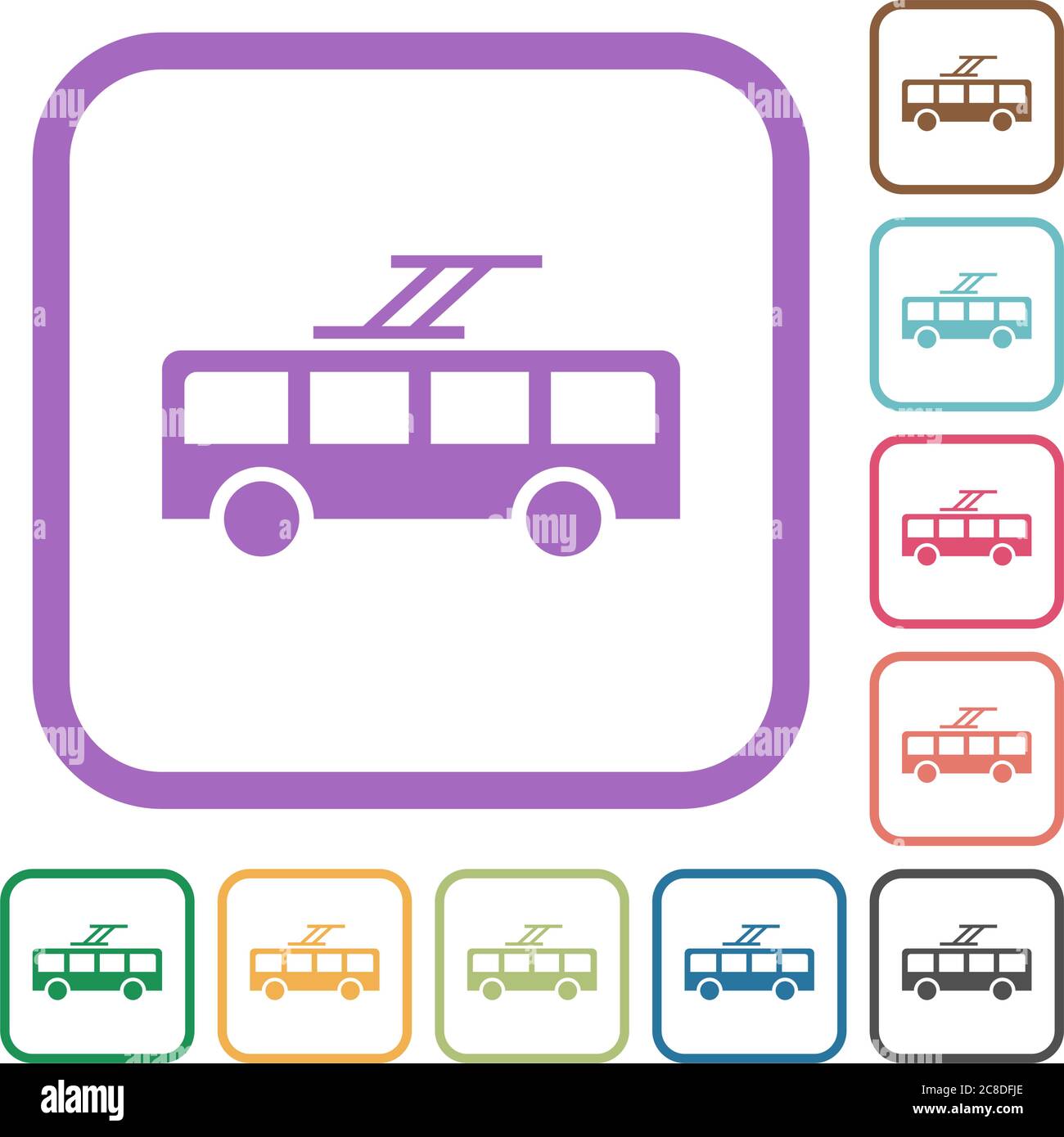 Trolley bus simple icons in color rounded square frames on white ...