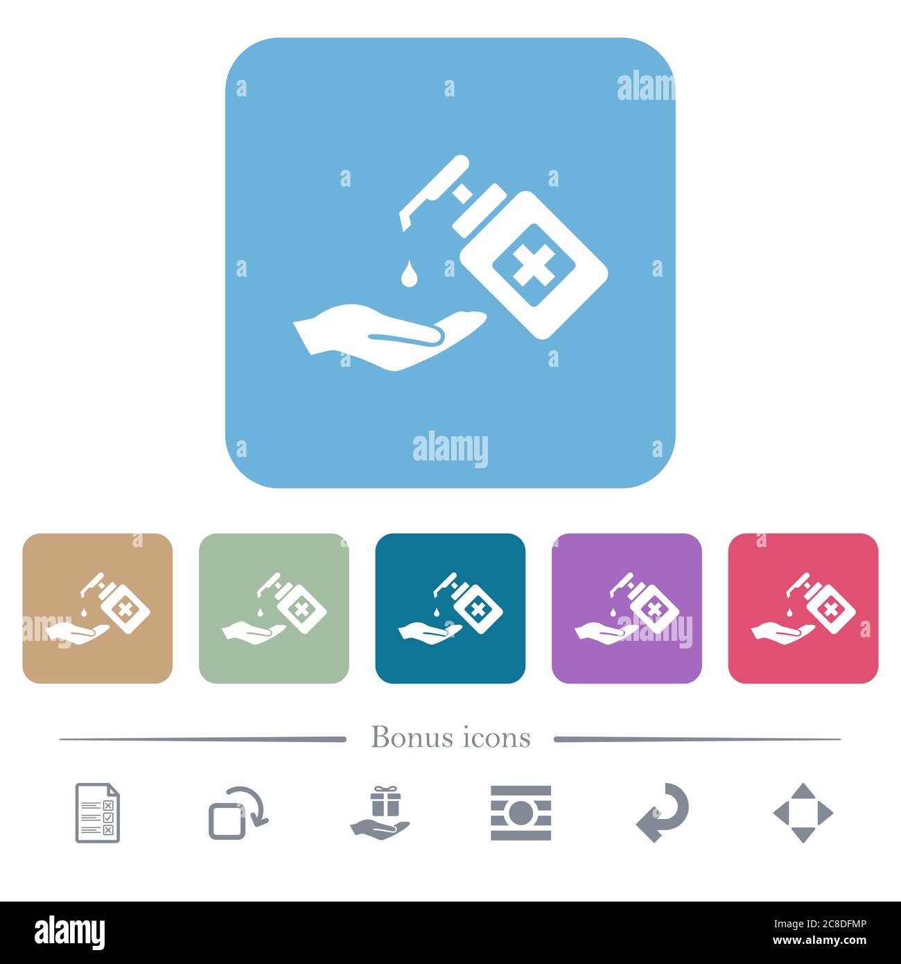 Hand washing with hand sanitizer white flat icons on color rounded square backgrounds. 6 bonus ...