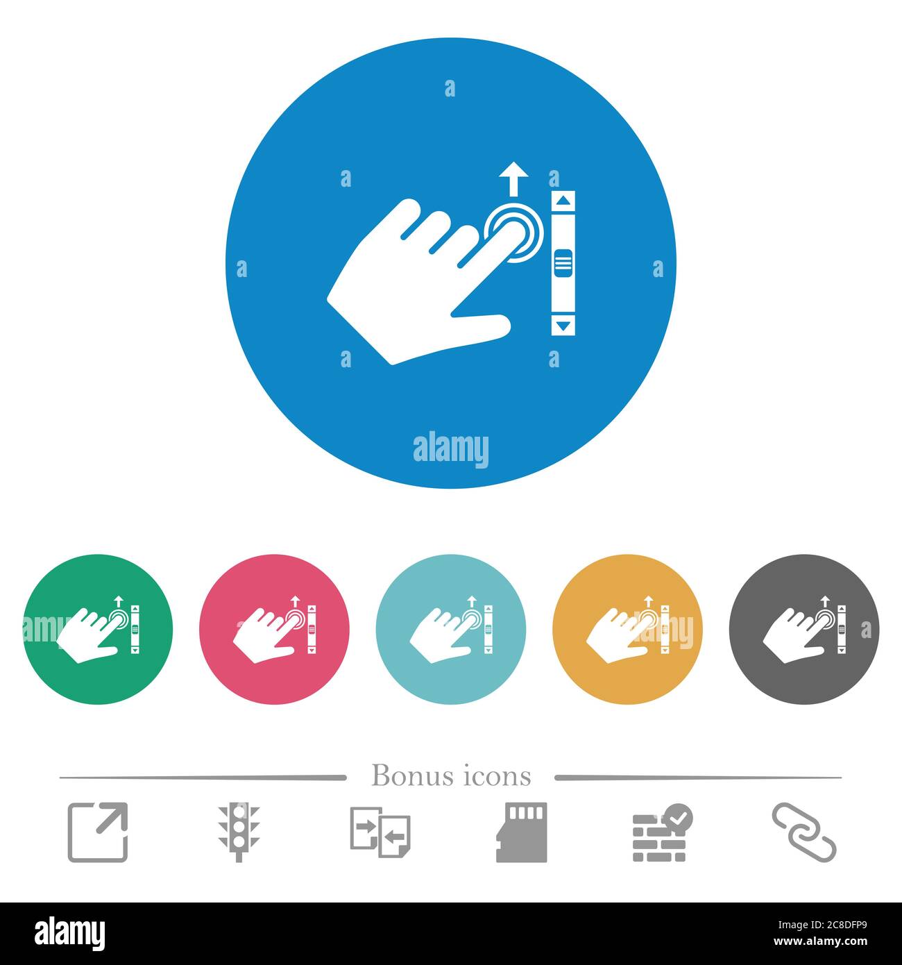 Left handed scroll up gesture flat white icons on round color ...