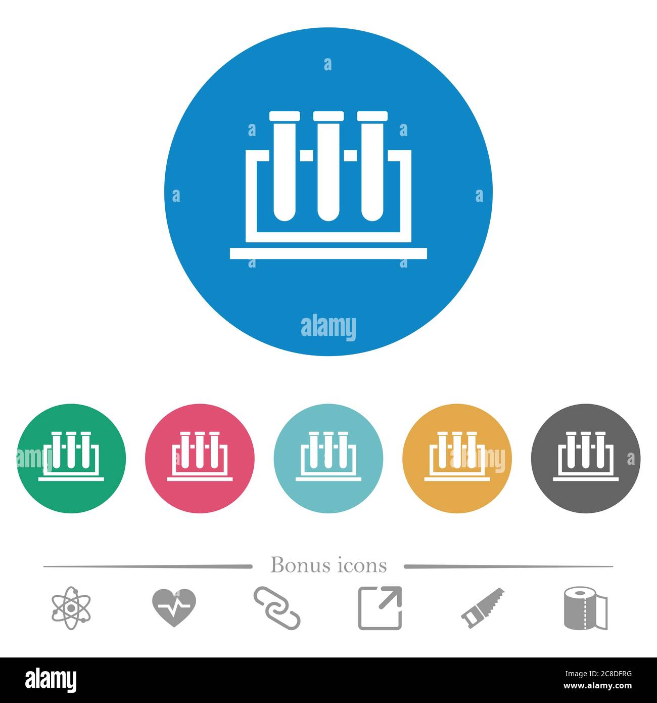 Chemistry flat white icons on round color backgrounds. 6 bonus icons ...