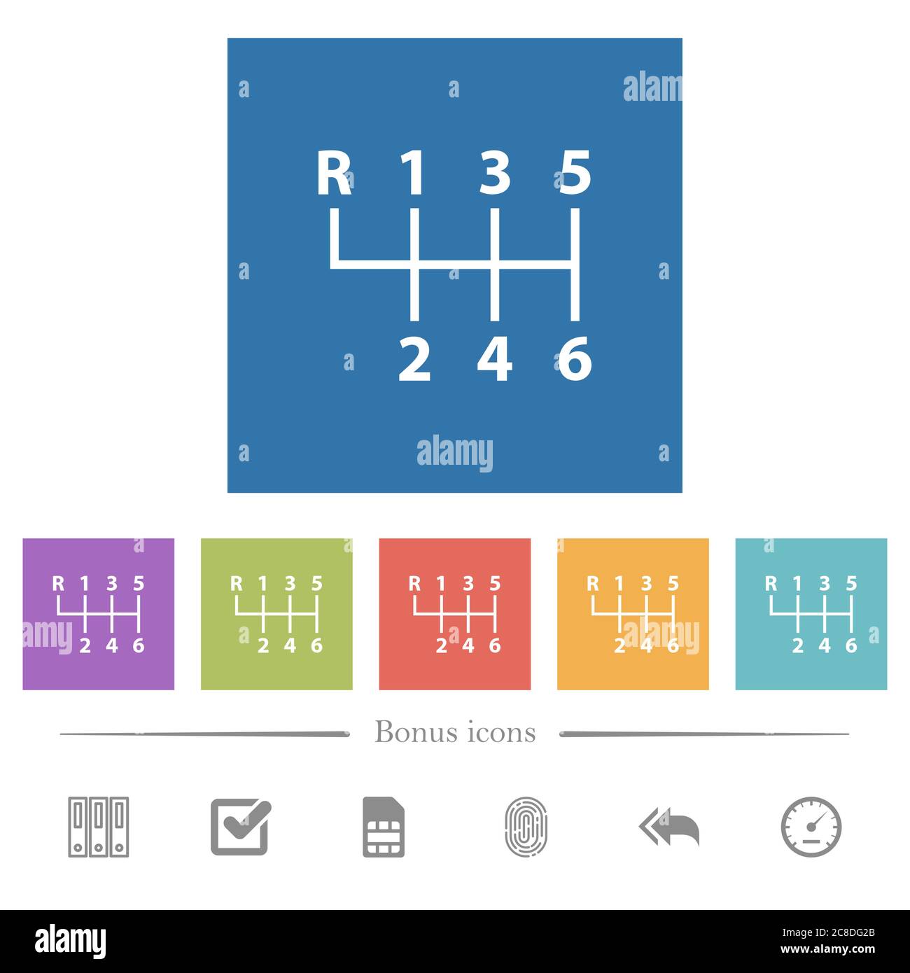Six speed manual gear shift flat white icons in square backgrounds. 6 ...