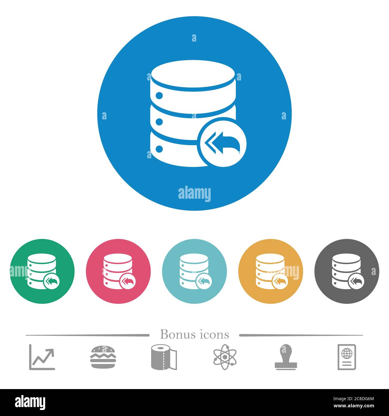 Database loopback flat white icons on round color backgrounds. 6 bonus ...