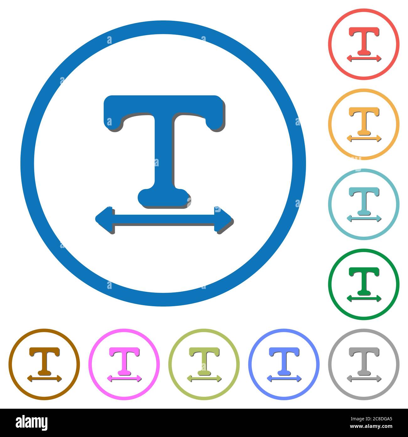 Adjust font width flat color vector icons with shadows in round outlines on white background ...