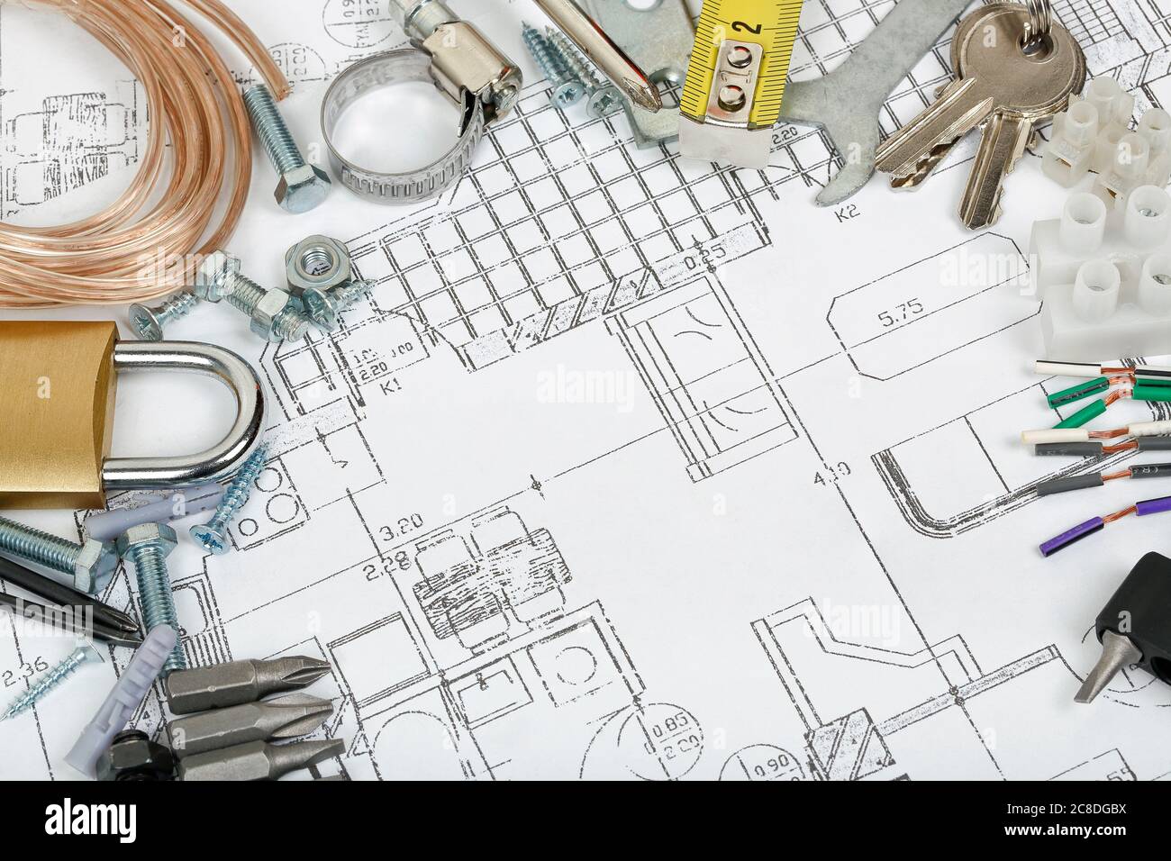 house construction concept with variety of items on blueprint Stock ...