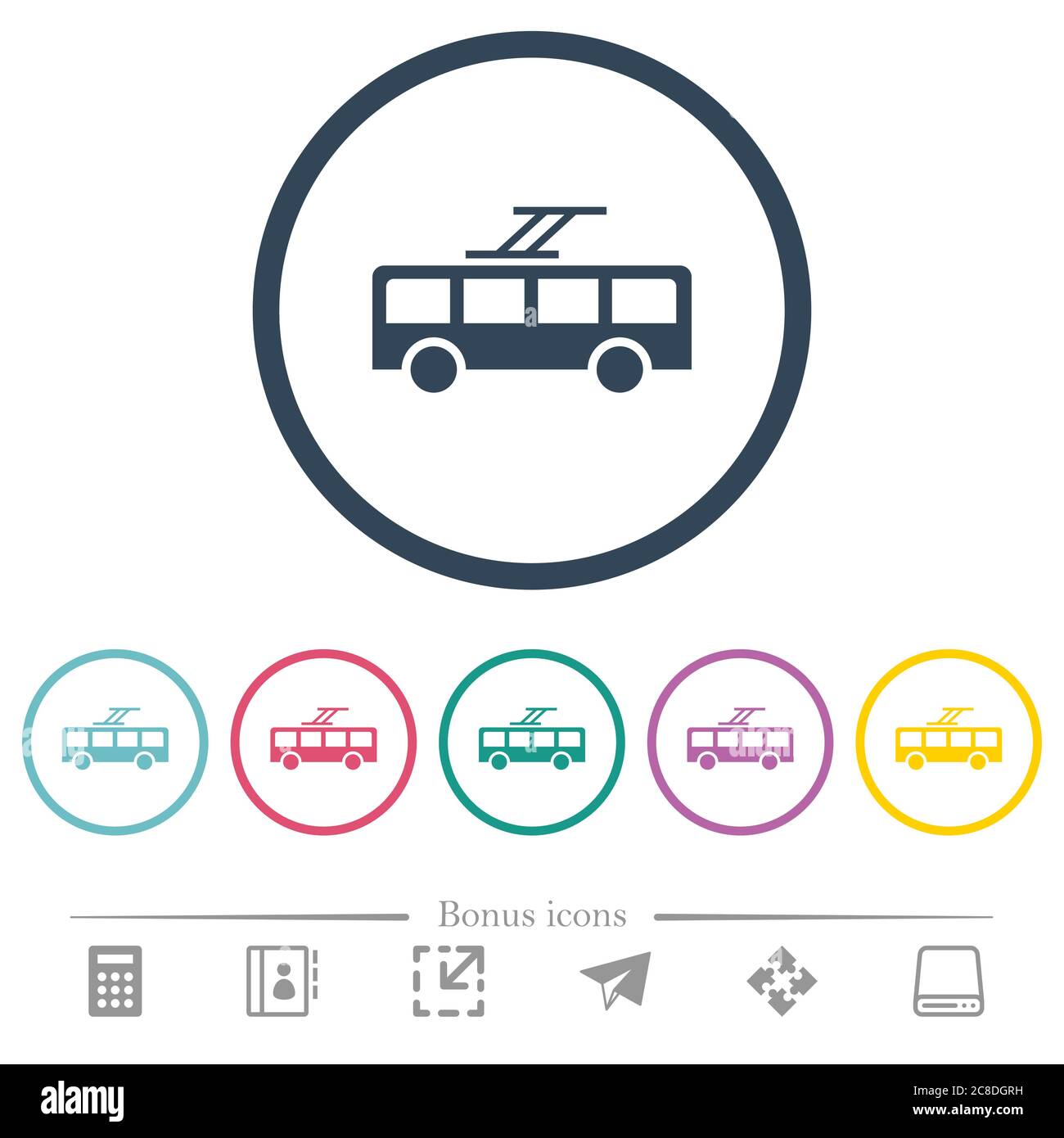 Trolley bus flat color icons in round outlines. 6 bonus icons included ...
