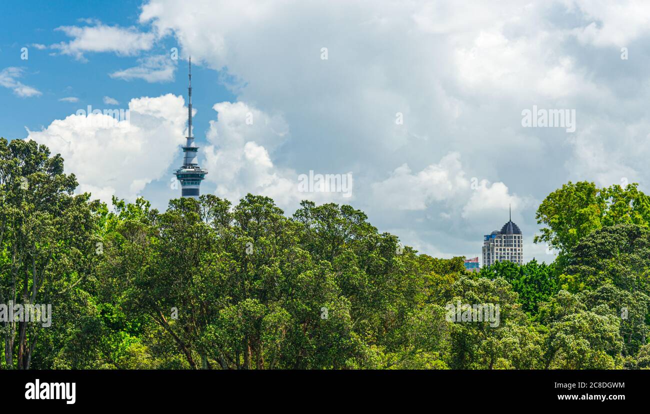The skyline of Auckland, Sky tower, cbd seen from Mount Eden Stock ...