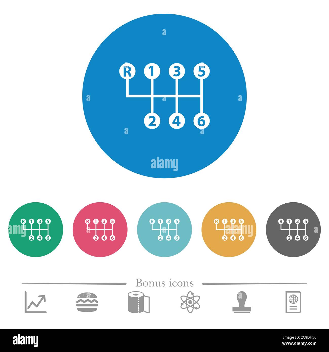 Six speed manual gear shift flat white icons on round color backgrounds ...