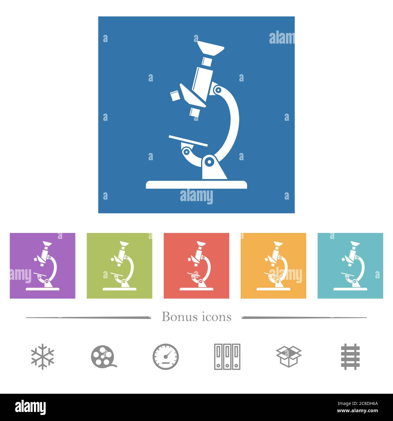 Microscope flat white icons in square backgrounds. 6 bonus icons ...