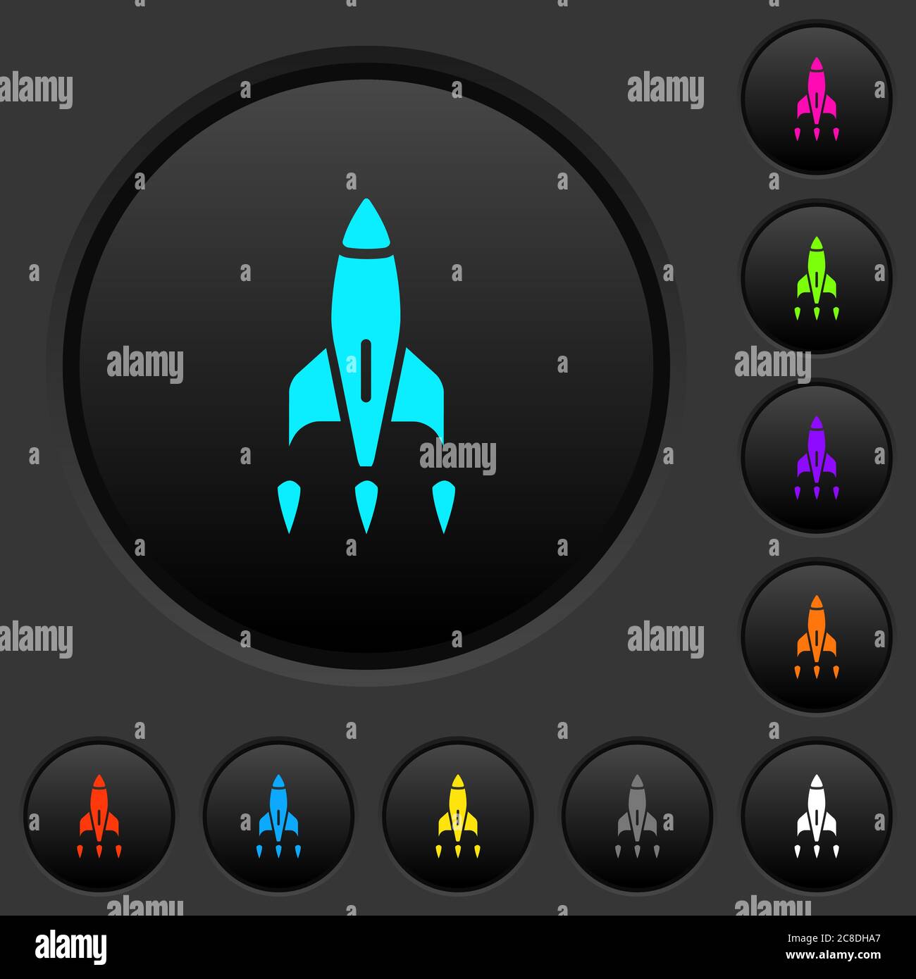 Rocket dark push buttons with vivid color icons on dark grey background ...