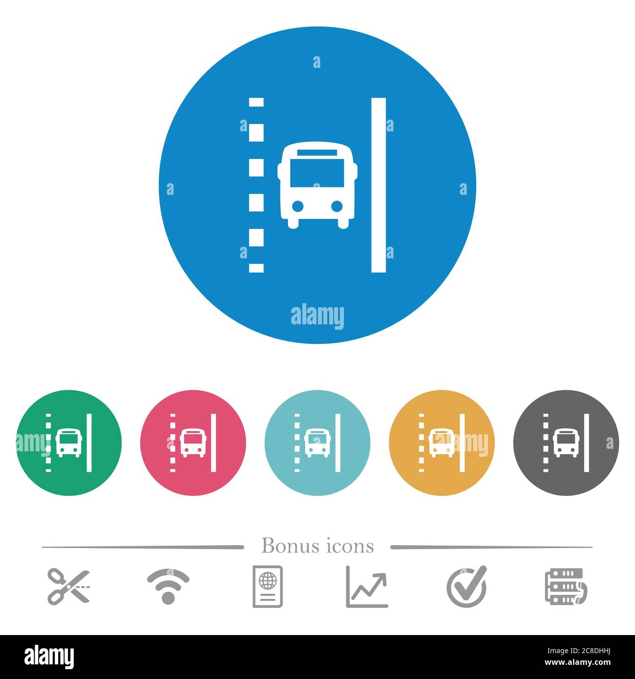 Bus lane flat white icons on round color backgrounds. 6 bonus icons ...