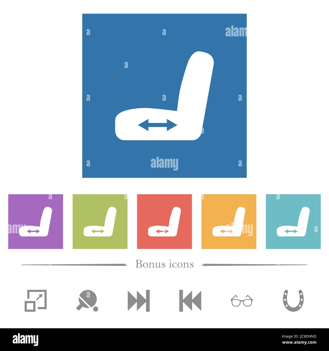 Car seat adjustment flat white icons in square backgrounds. 6 bonus ...