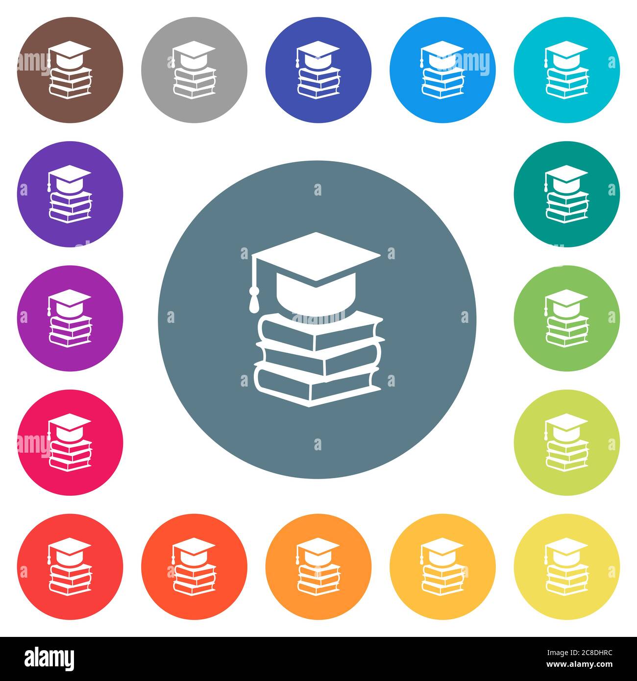 Graduation cap with books flat white icons on round color backgrounds ...