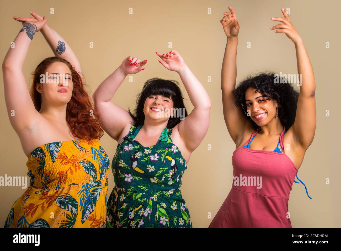 Group of 3 oversize women posing in studio - Beautiful girls accepting ...