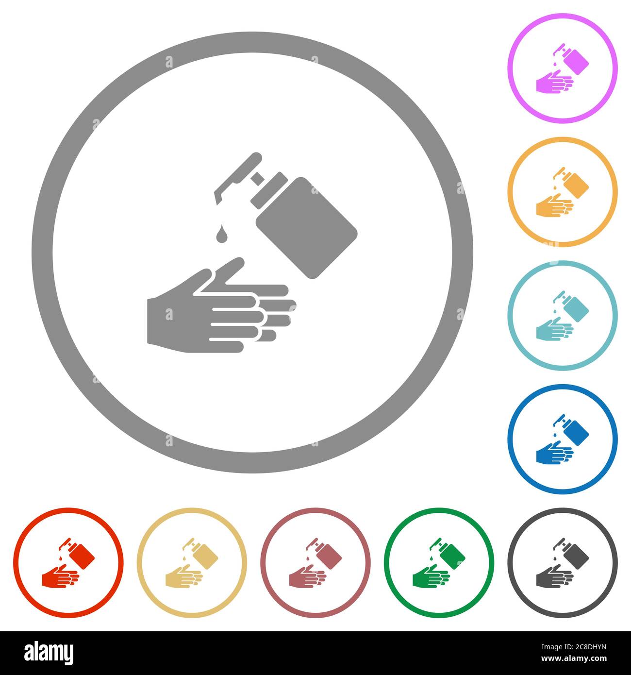 Hand washing with liquid soap flat color icons in round outlines on white background Stock ...