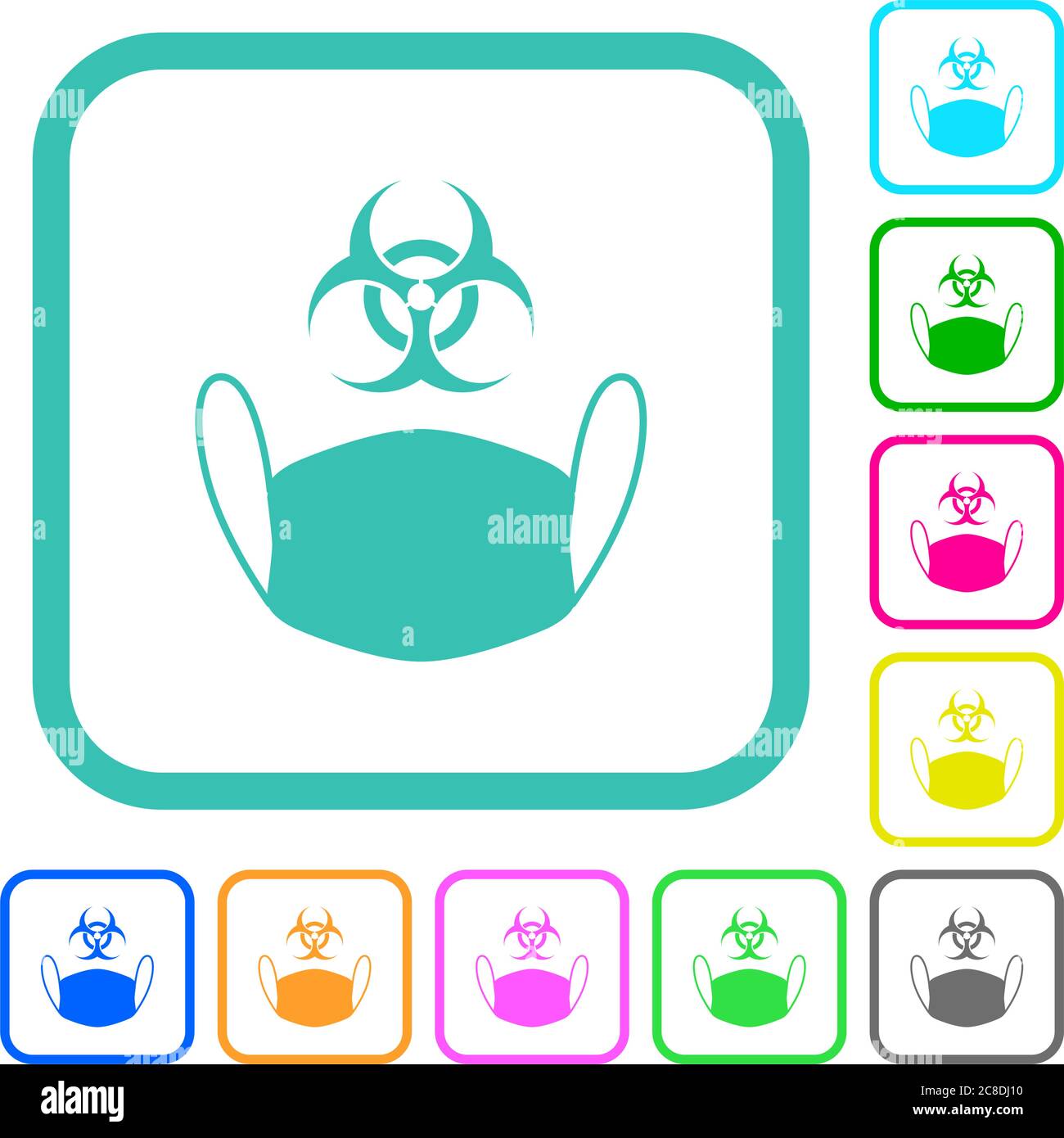 Face mask and biohazard symbol vivid colored flat icons in curved ...