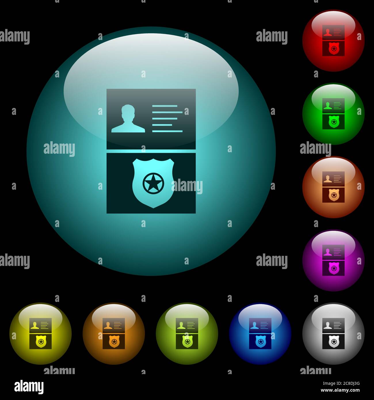 Police id and badge icons in color illuminated spherical glass buttons ...
