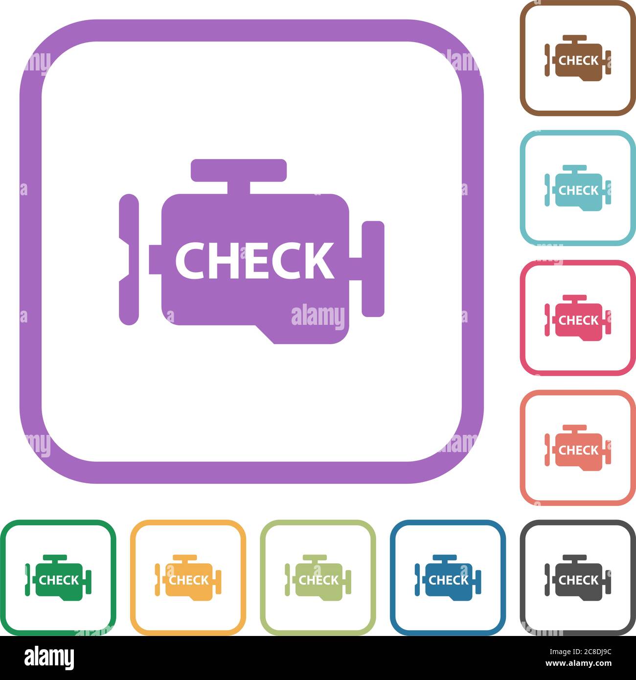 Check engine simple icons in color rounded square frames on white ...