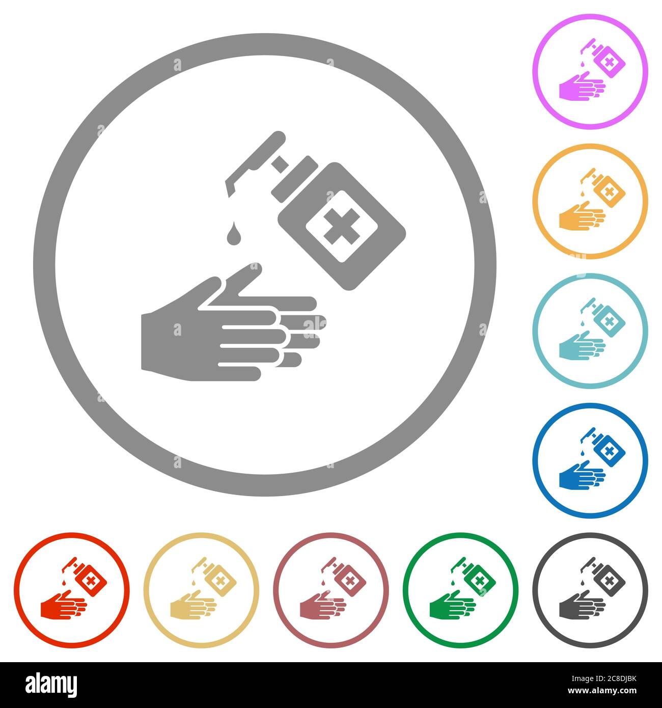 Hand washing with hand sanitizer flat color icons in round outlines on ...