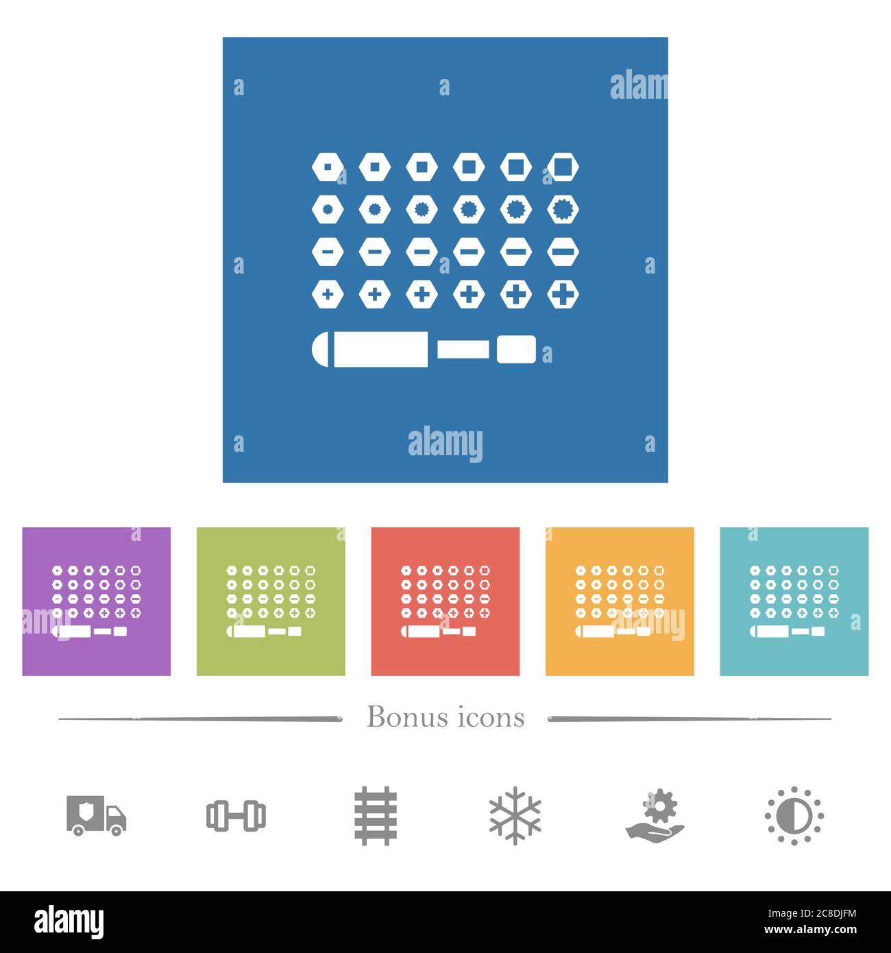Set of screwdriver bits flat white icons in square backgrounds. 6 bonus ...