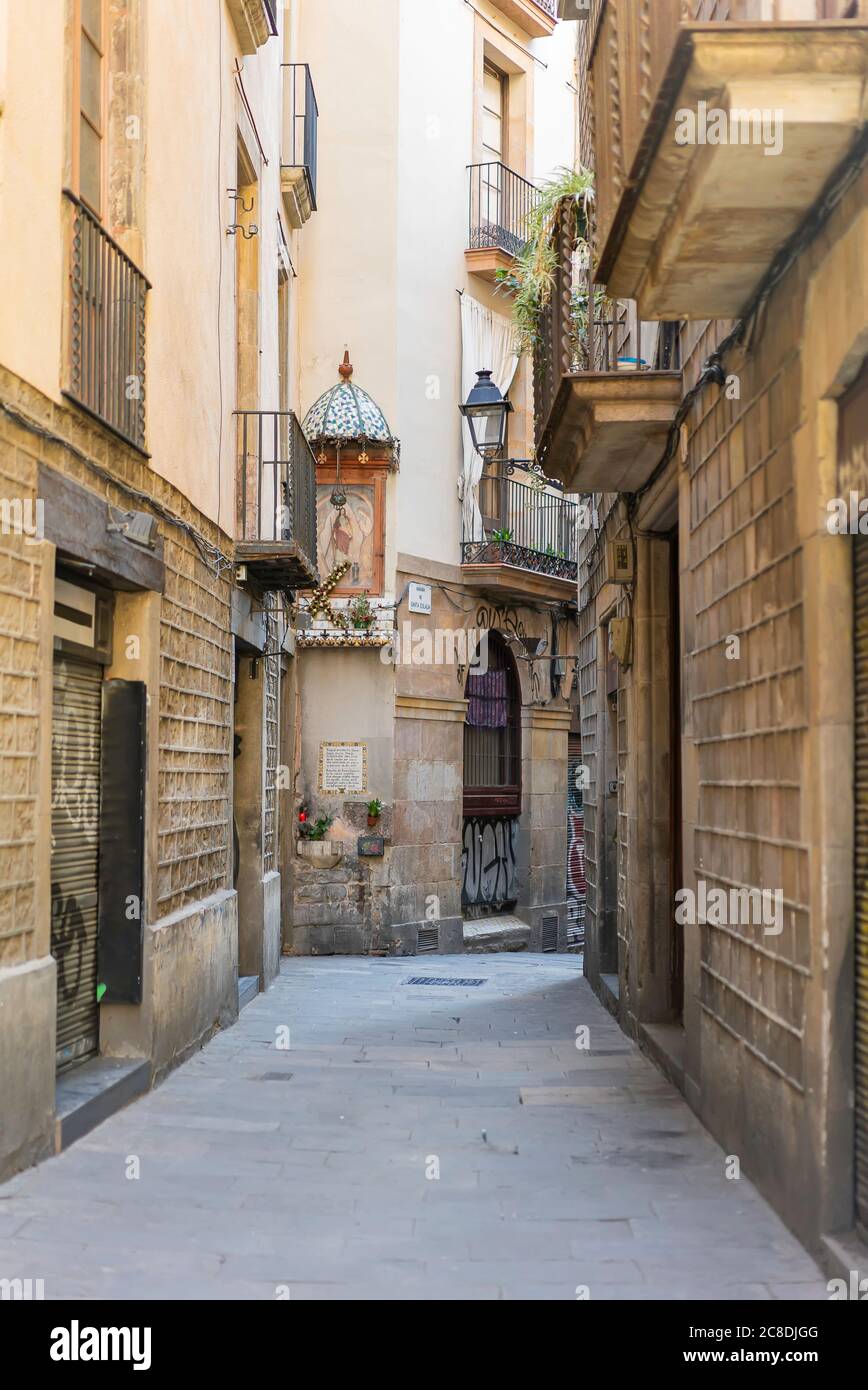 Old narrow street in Gothic Quarter. Barcelona, Spain. Spanish elegant ...