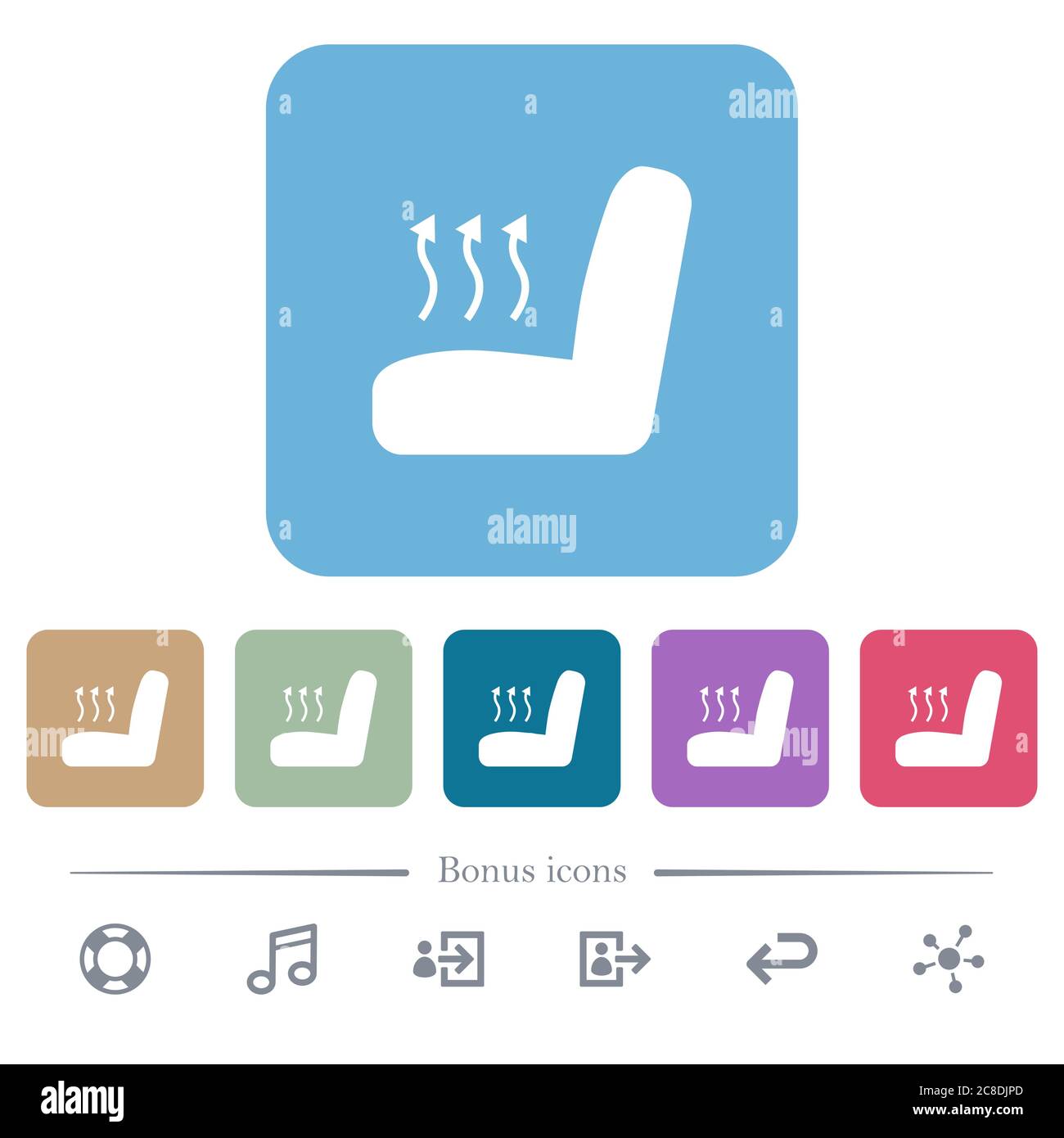 Car seat heating white flat icons on color rounded square backgrounds ...
